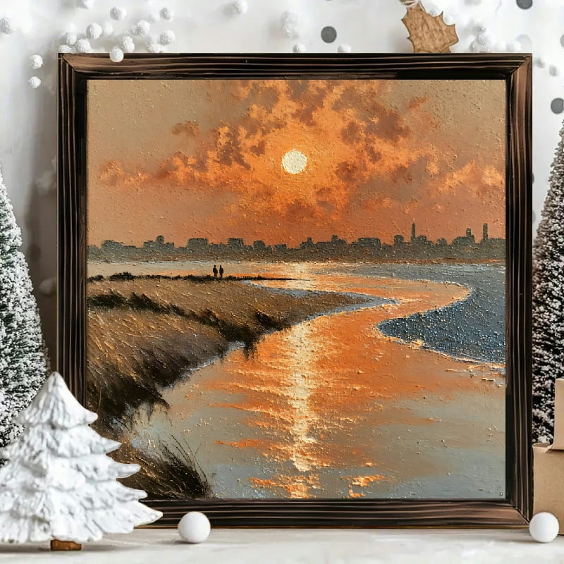 8x8 Inch Framed Wood Wall Art, Square Coastal Sunset Oil Painting with ...