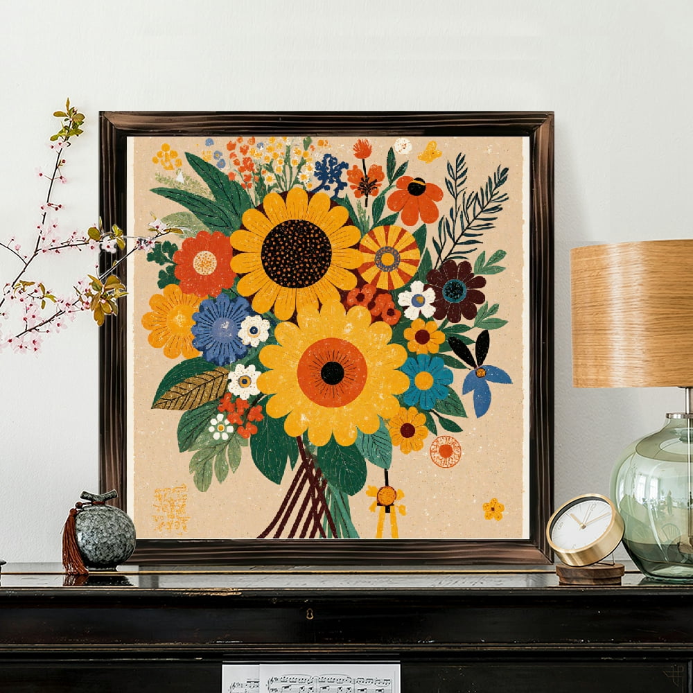 8x8 Inch Framed Wood Wall Art, Square Folk Art Floral Bouquet ...