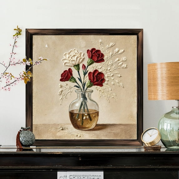8x8 Inch Framed Wood Wall Art, Square Still Life Painting with Red ...