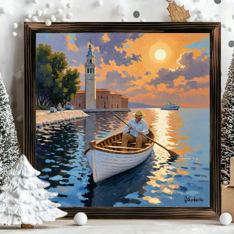 8x8 Inch Framed Wood Wall Art, Square Sunset Coastal Town Painting on ...