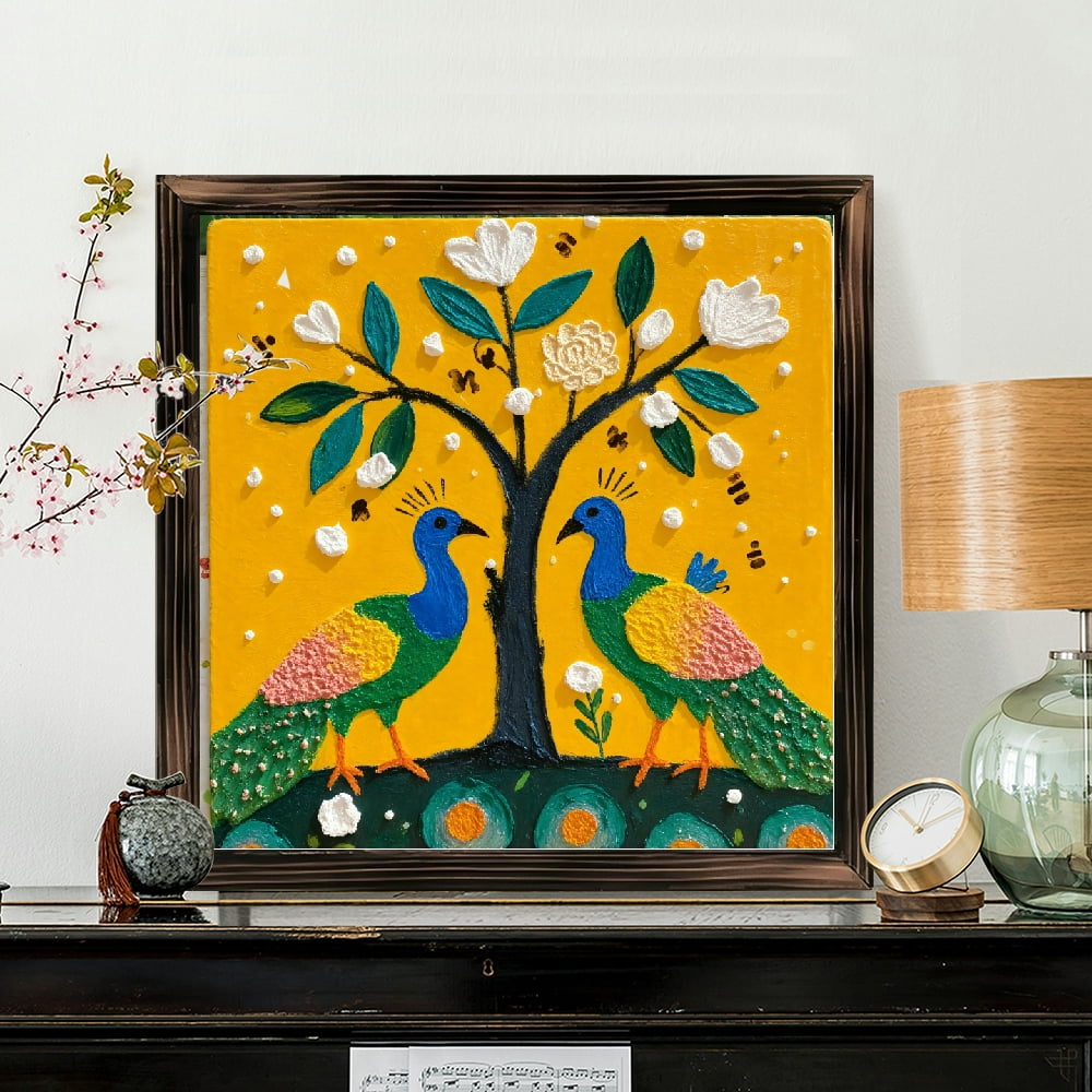 8x8 Inch Framed Wood Wall Art, Square Vibrant Peacock and Stylized Tree ...