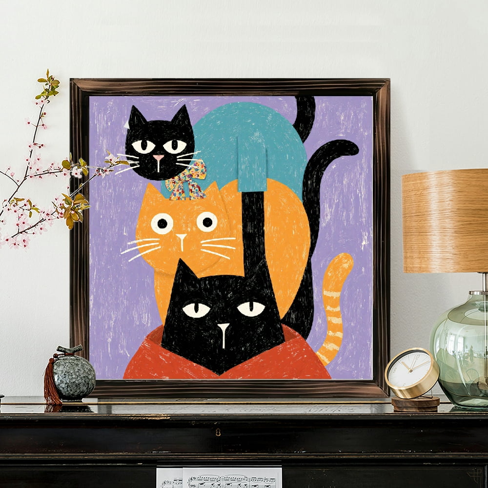 8x8 Inch Framed Wood Wall Art, Stacked Cats Illustration Square ...