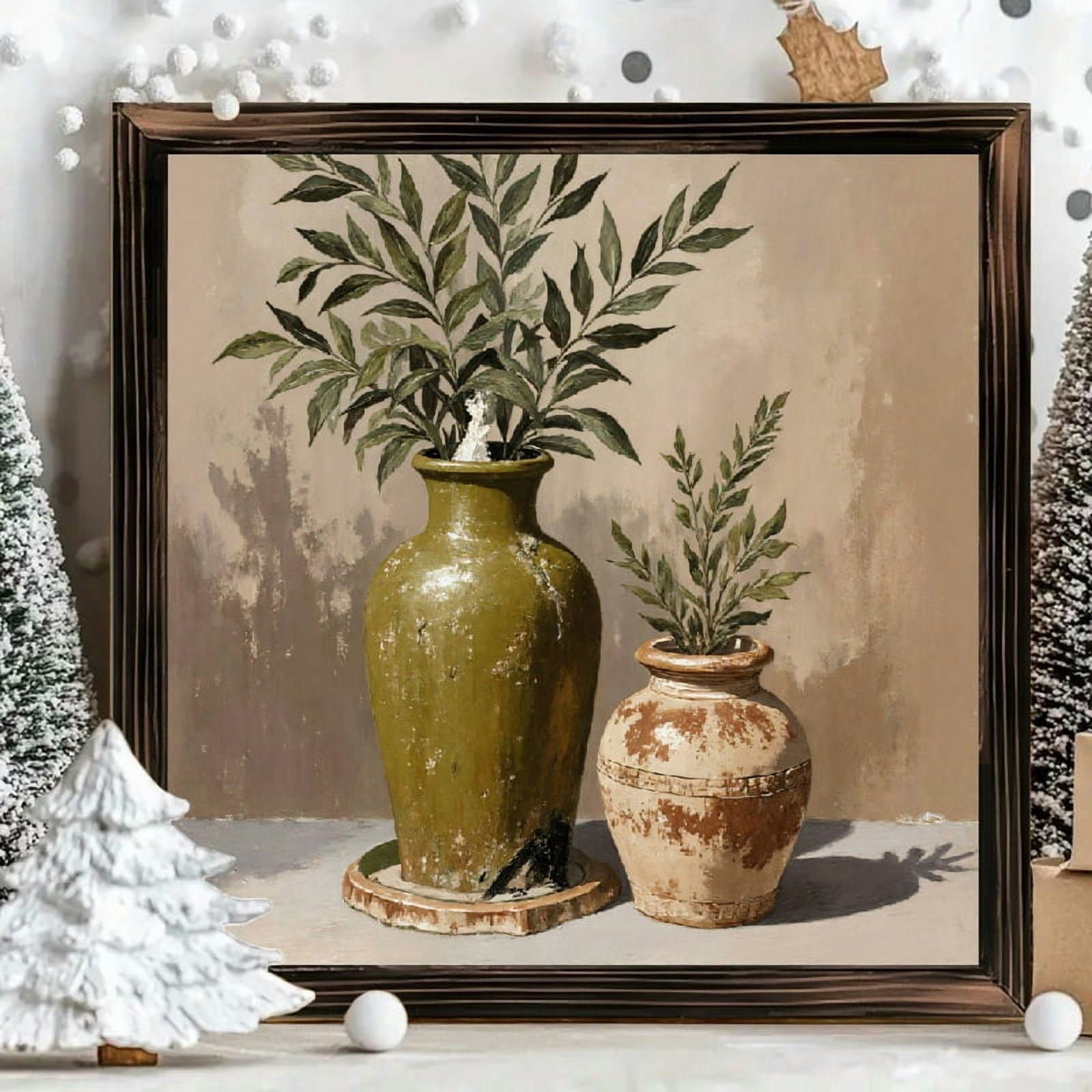 8x8 Inch Framed Wood Wall Art, Still Life Ceramic Vase and Green ...