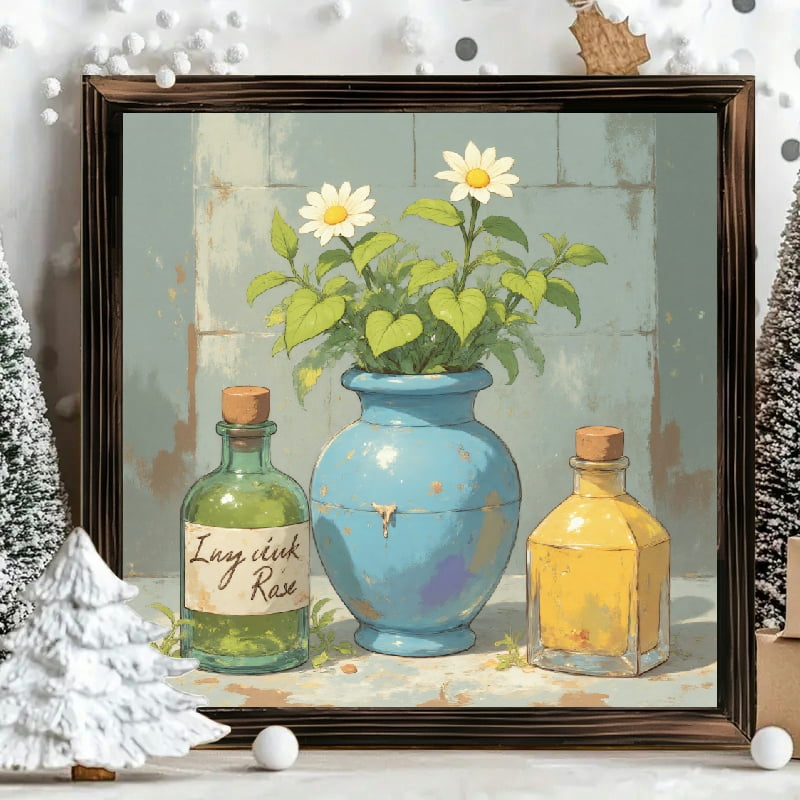 8x8 Inch Framed Wood Wall Art, Still Life Floral Vase with Green ...