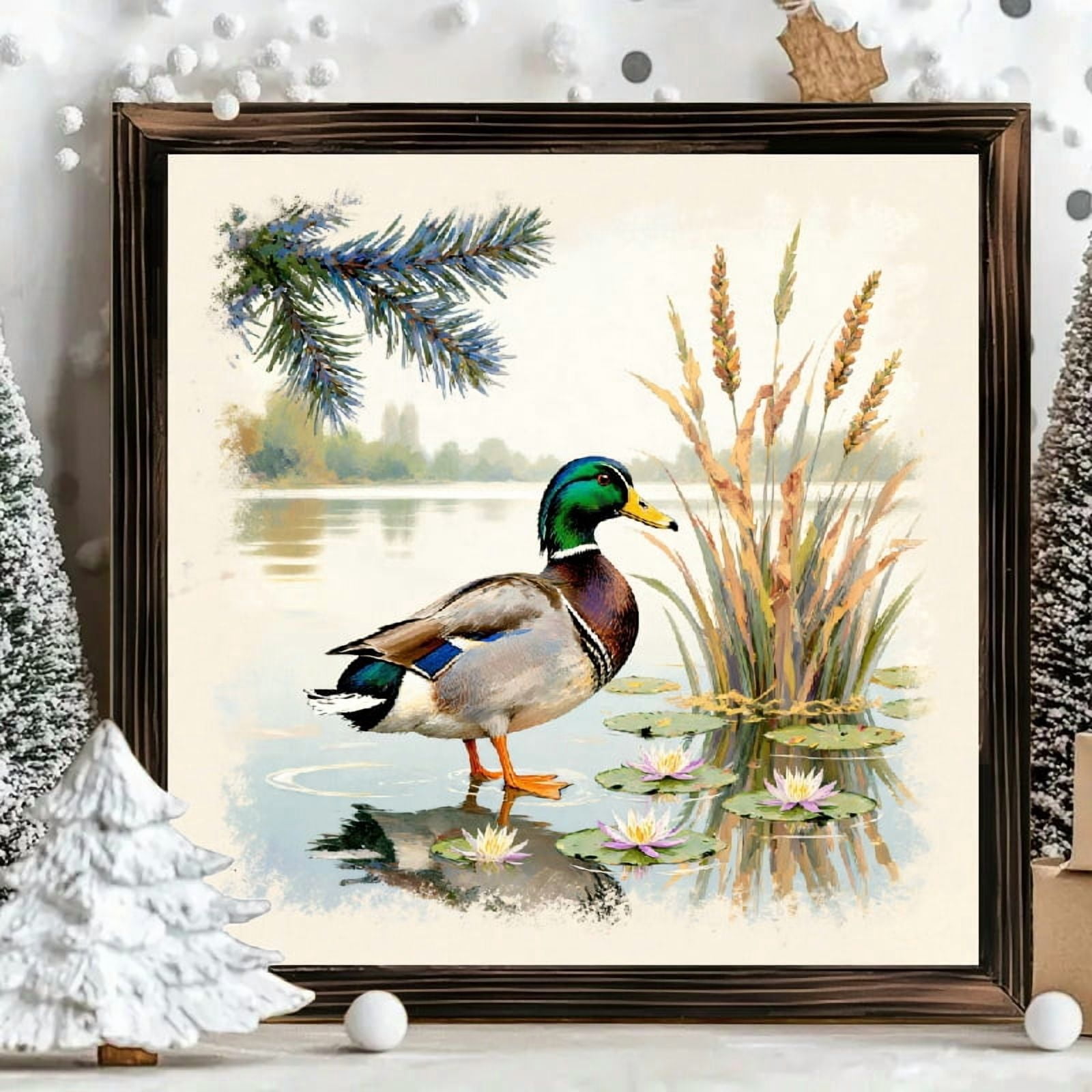8x8 Inch Framed Wood Wall Art, Watercolor Mallard Duck with Water ...