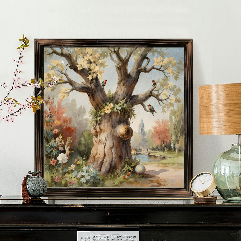 8x8 Inch Framed Wood Wall Art, Whimsical Ancient Tree with Smiling Face ...