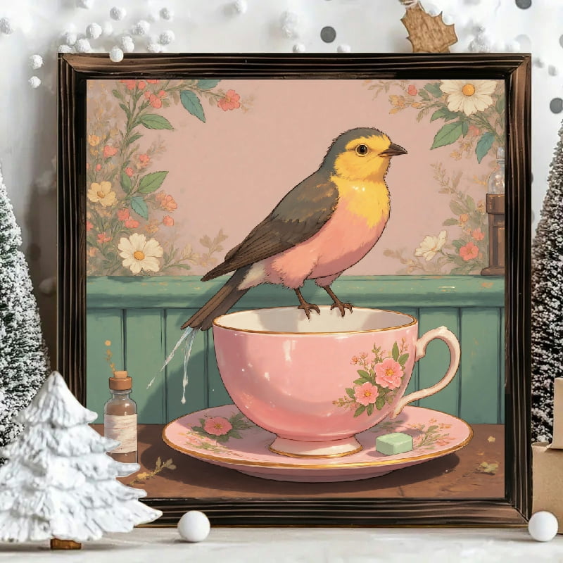 8x8 Inch Framed Wood Wall Art, Whimsical Bird on Pink Floral Teacup ...