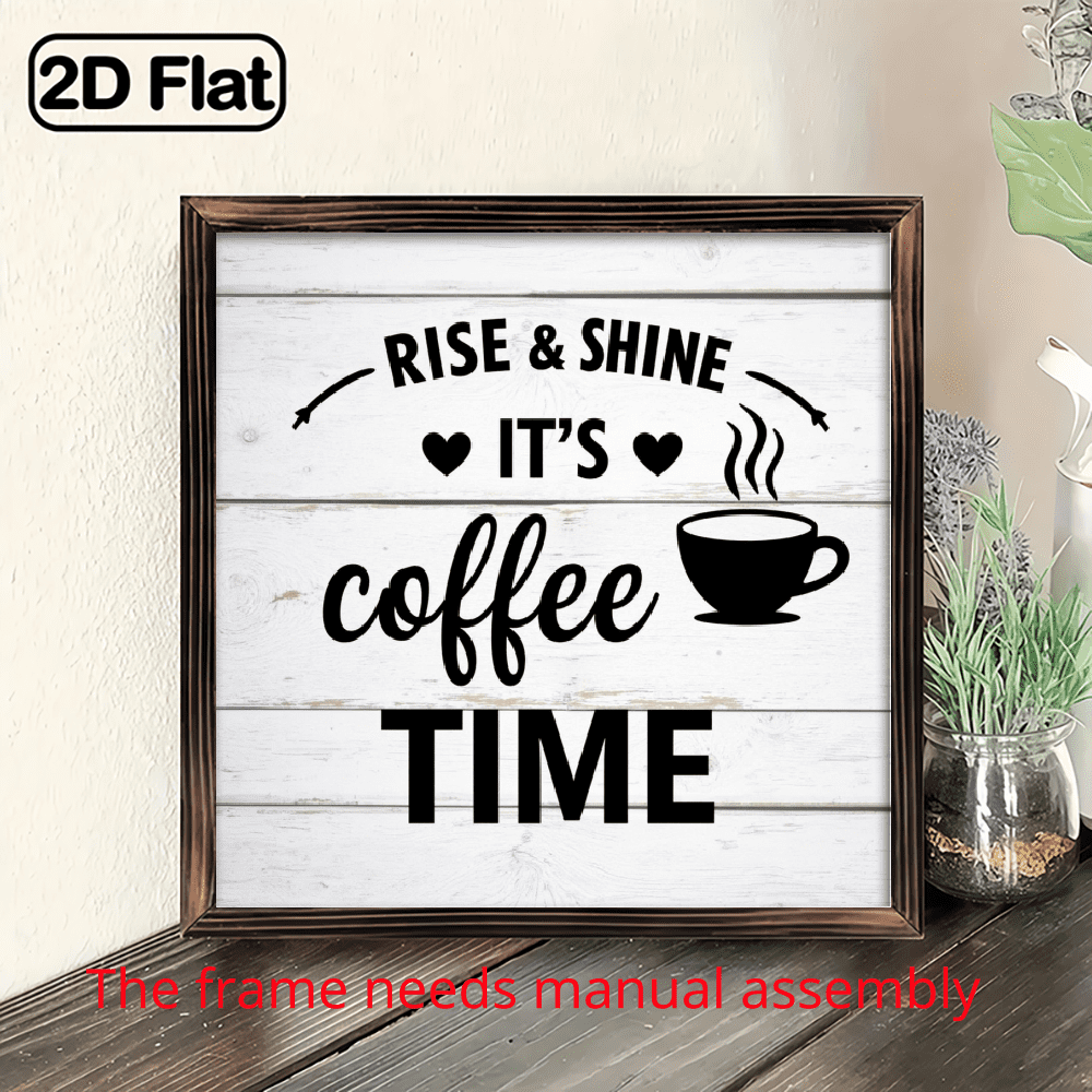 8x8 Inch Framed Wooden Board Print, Rise Shine It's Coffee Time Sign ...