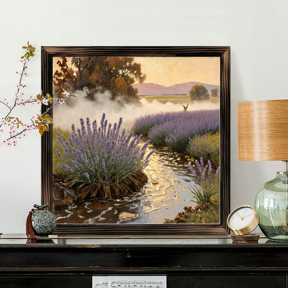 8x8 Inch Square Framed Wood Wall Art, Impressionist Lavender Field ...
