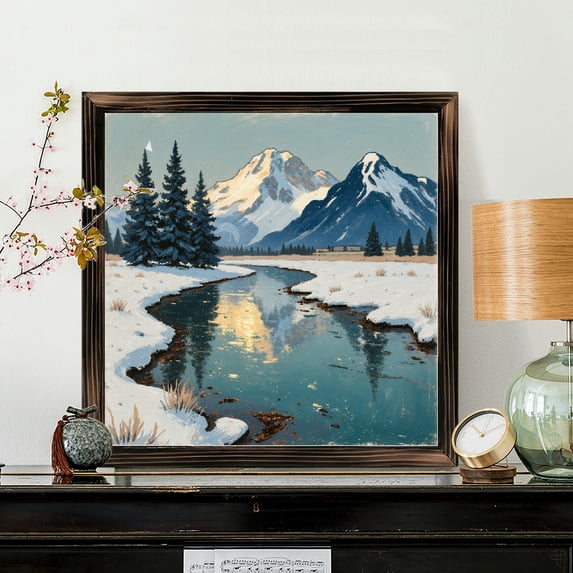 8x8 Inch Square Framed Wood Wall Art, Impressionist Winter Mountain ...
