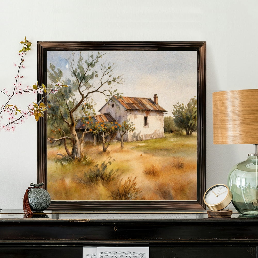 8x8 Inch Square Framed Wood Wall Art, Rustic Weathered House Landscape ...