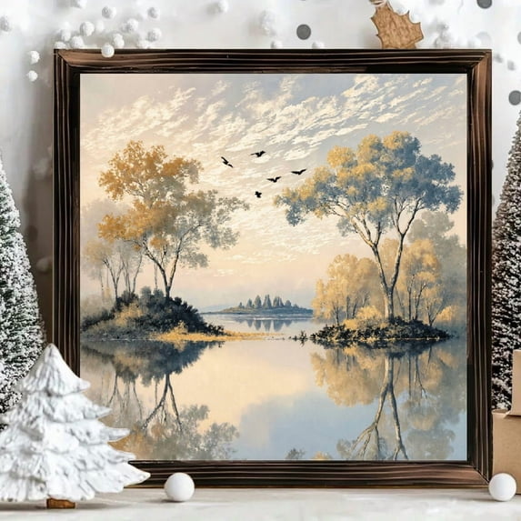 8x8 Inch Square Framed Wood Wall Art, Serene Autumn Lake Landscape ...