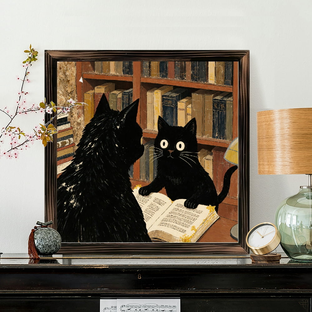 8x8 Inch Square Framed Wood Wall Art, Two Black Cats Reading in Rustic ...