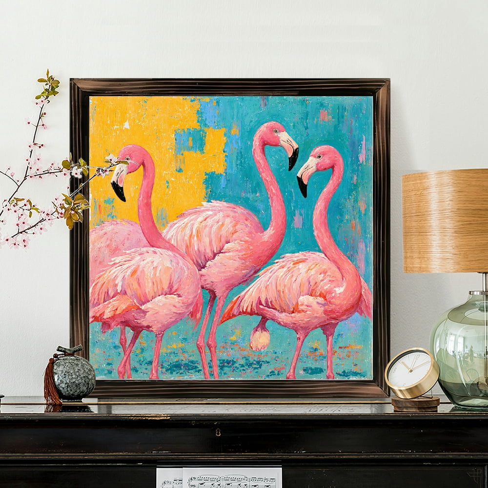 8x8 Inch Square Framed Wood Wall Art, Vibrant Pink Flamingo Painting ...