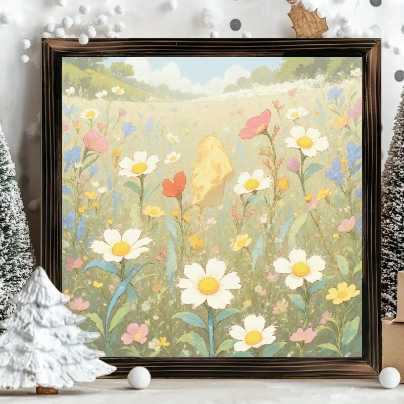 8x8 Inch Square Framed Wood Wall Art, Whimsical Floral Meadow Landscape ...