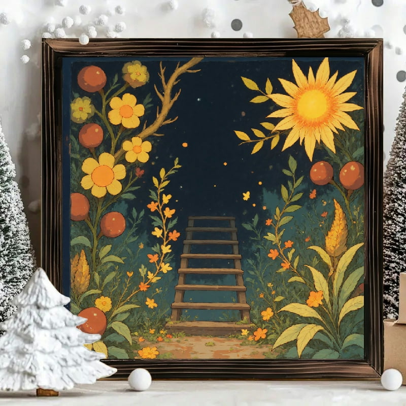 8x8 Inch Square Framed Wood Wall Art, Whimsical Ladder to Starry Night ...