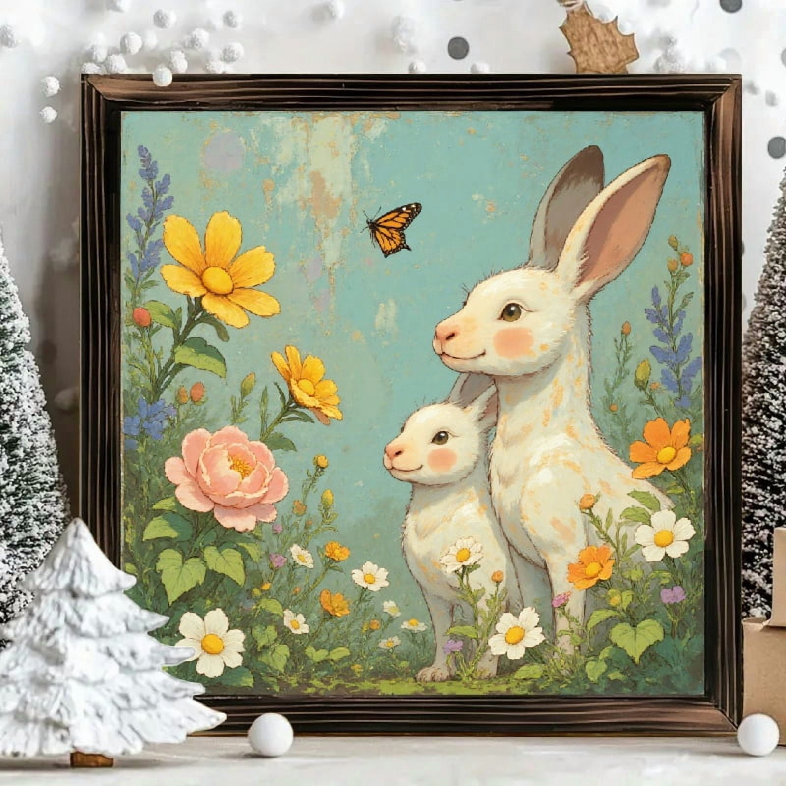 8x8 Inch Square Framed Wood Wall Art, Whimsical Mother and Baby Rabbit ...