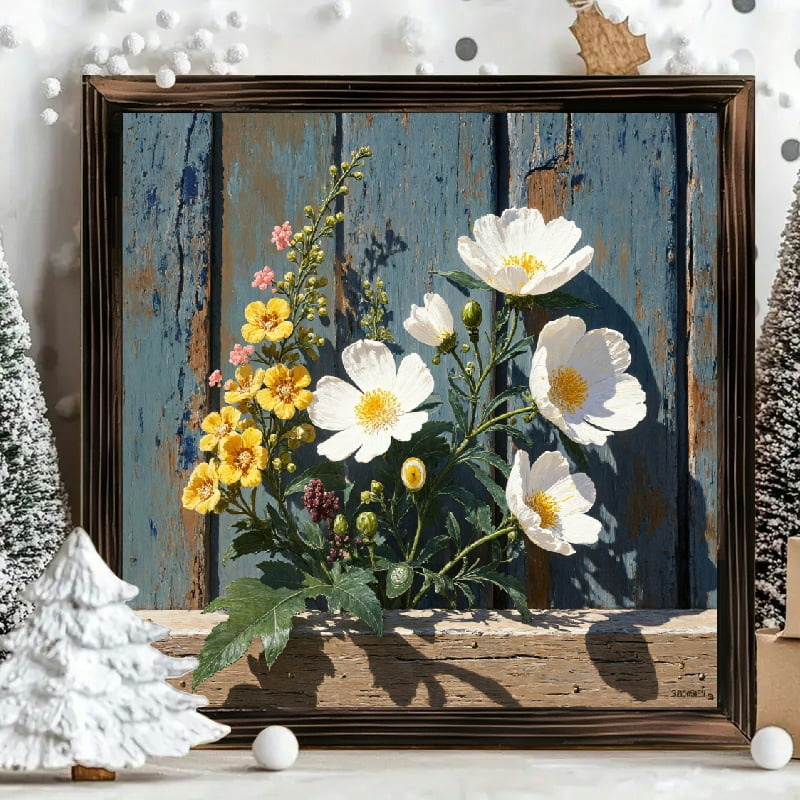 8x8 Inch Square Framed Wood Wall Art, Wildflower Bouquet with White ...