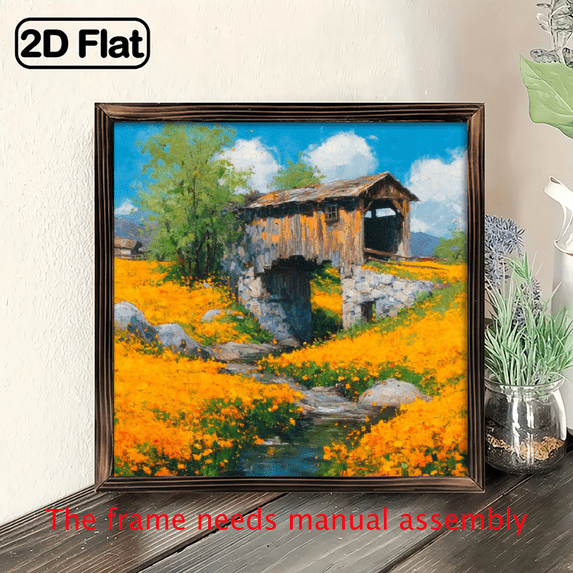 8x8 Inch Wood Framed Art, Old Wooden House with Bridge Flowers, Perfect ...