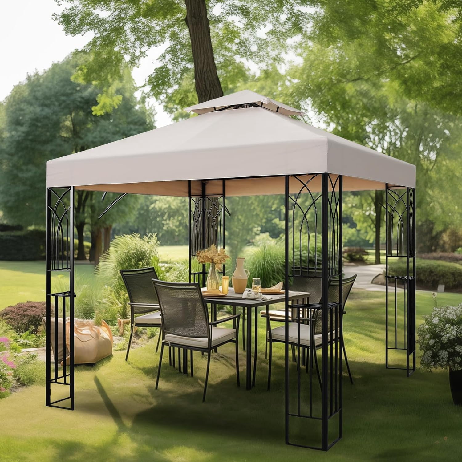 8x8 Outdoor Gazebo Tent with Corner Shelves, Double Roof Patio Paviloin ...