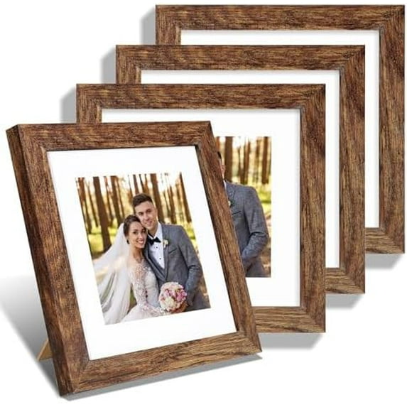 8x8 Picture Frames Set of 4, Made of Glass and Rustic Brown Wooden ...