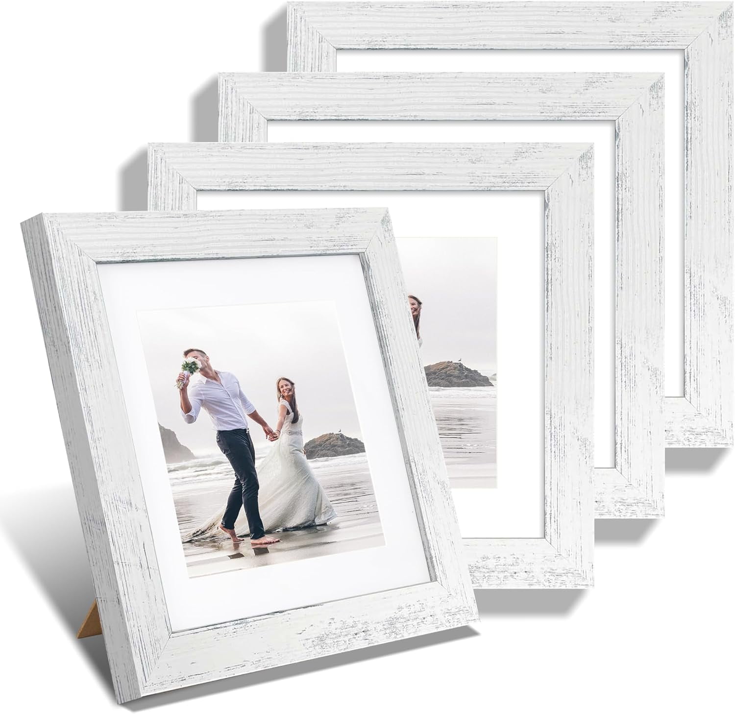 8x8 Picture Frames Set of 4 with Real Glass, Distressed White Frame ...