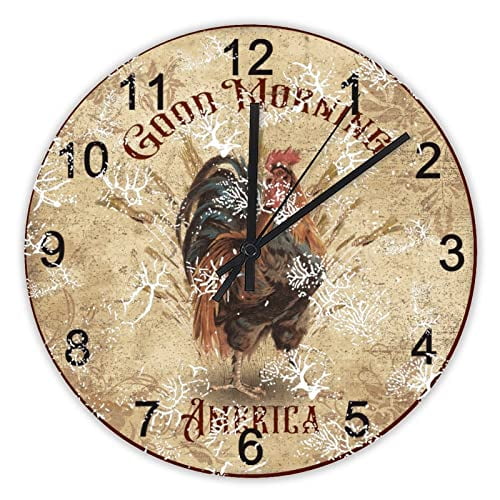 8x8inch Country Rooster Farm Animals Round Wood Wall Clock Good Morning ...
