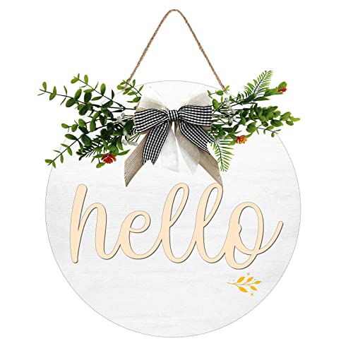 8x8inch Hello Front Decorative Wooden Round Hello Wreath Sign With ...