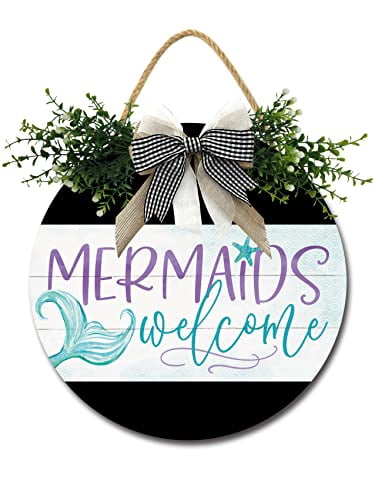 8x8inch Mermaids Welcome Front Sign Funny Wreaths Hanging Wooden Plaque ...