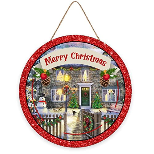 8x8inch Merry Christmas Round Wooden Sign Snowman Wreath Sign Merry ...