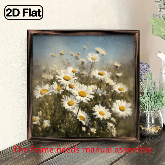 8x8inch Vintage Wooden Framed Floral Print - White Daisies on Muted ...