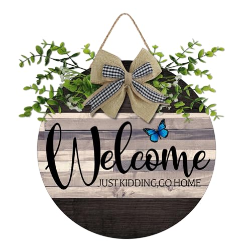 8x8inch Welcome Sign Blue Butterfly Black Wooden Sign Round Home Front ...