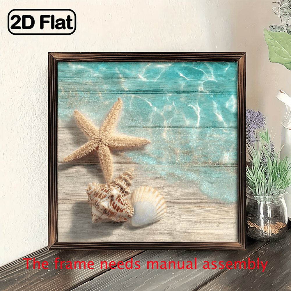 8x8inch Wooden Board Painting Beach Seascape Seashell Starfish Painting ...