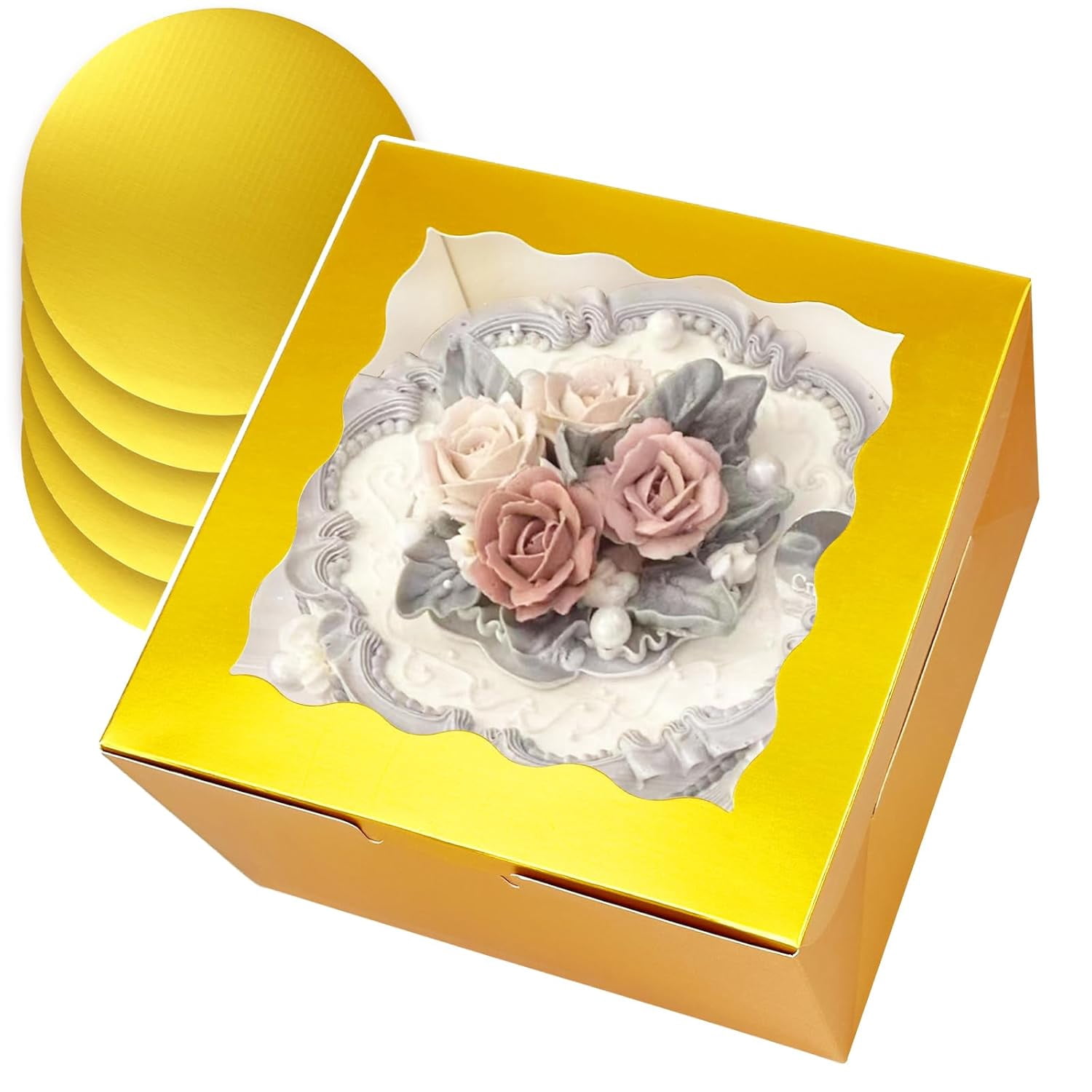 8x8x5 Cake Box, 18 Sets Gold Cake Box with Window ＆ 18 Sets 8
