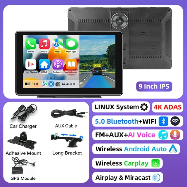 9.0 Inch Dash Cam 4K ADAS Wireless CarPlay & Android Auto Car DVR GPS Navigation Siri Voice ...