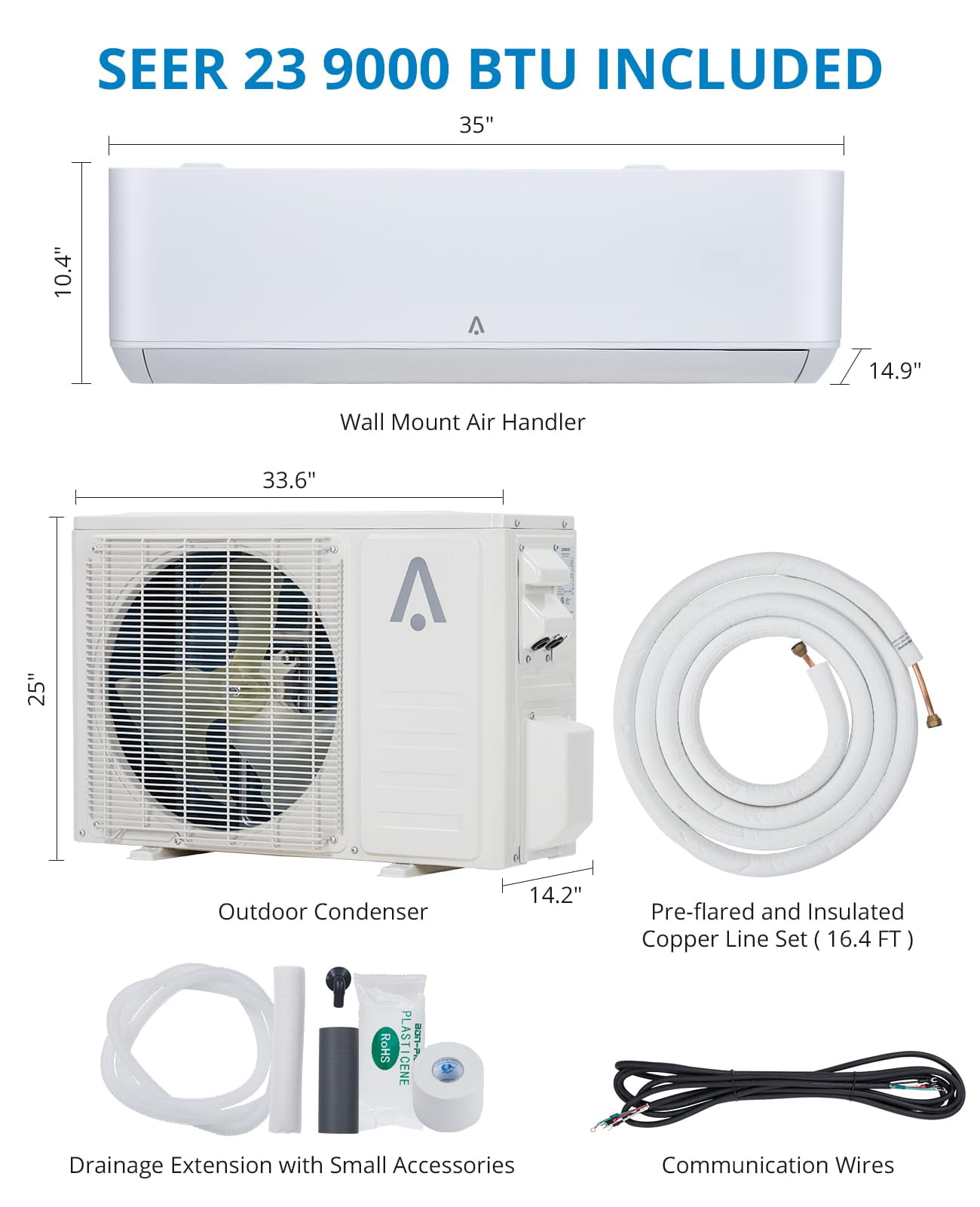 9,000 BTU Mini Split AC/Heating System, Split Air Conditioner & Heater ...
