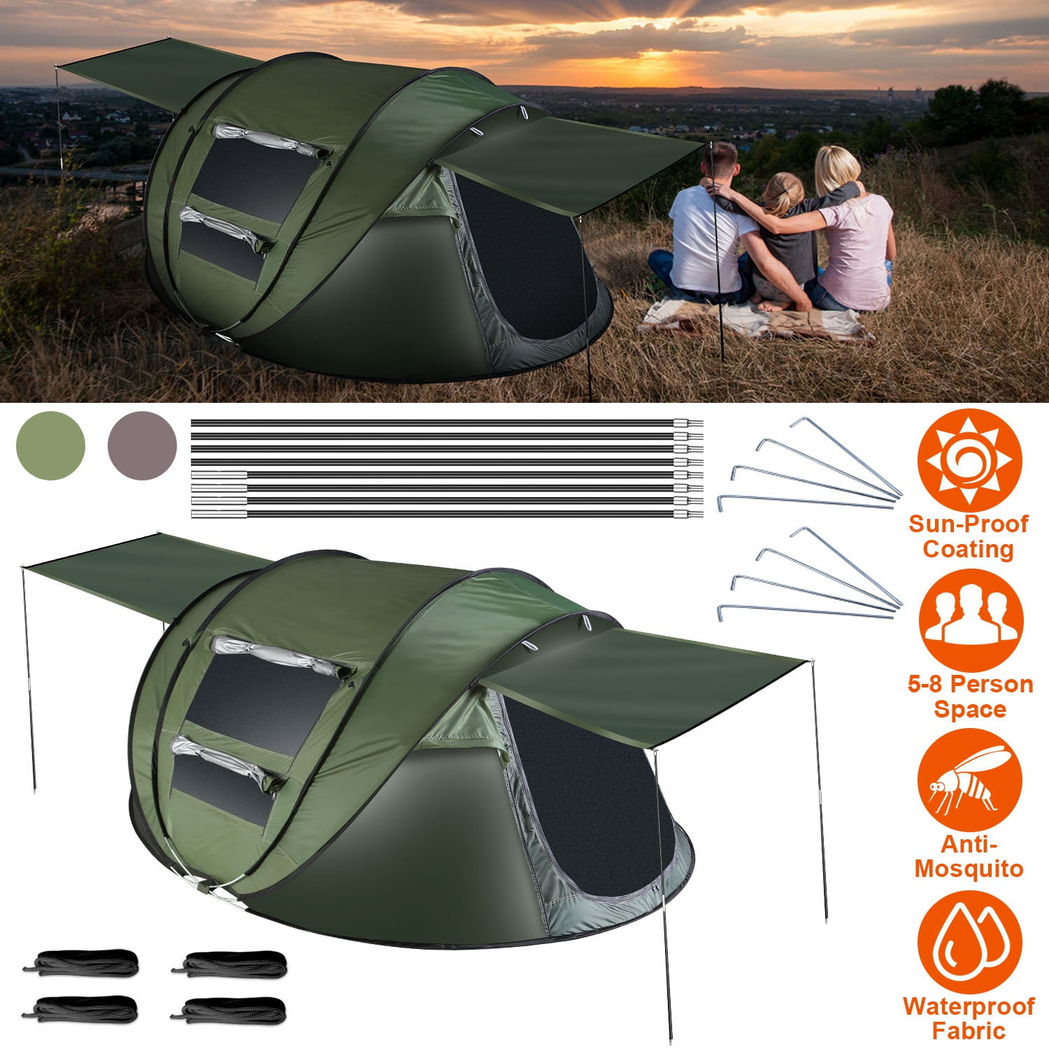 TeqHome 5-8 Person Pop Up Tents for Camping Waterproof Instant Tent with 4 Mosquito Net Windows ...