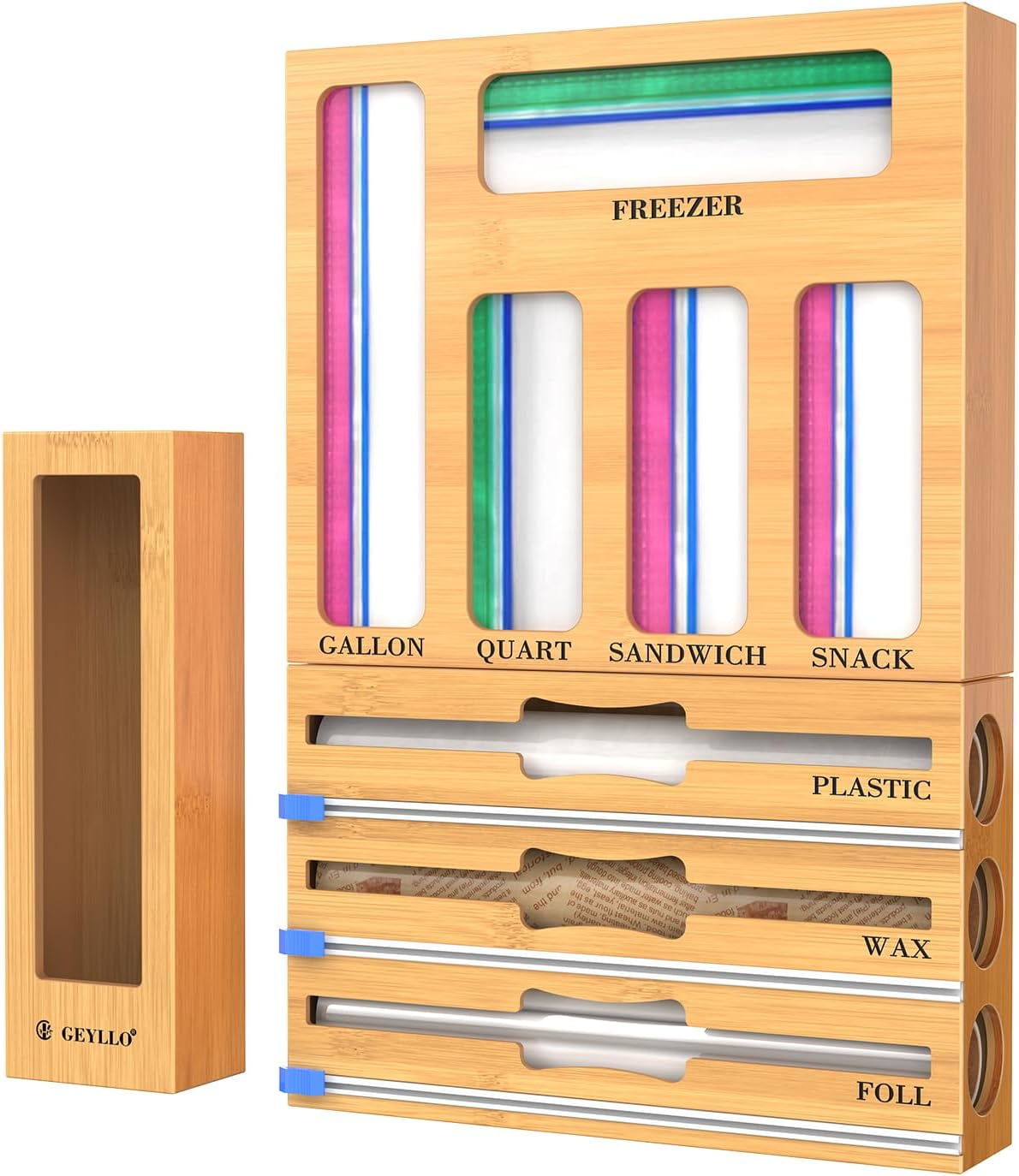 9 In 1 Bamboo Foil & Plastic Wrap Organizer for Kitchen Drawer, Plastic ...