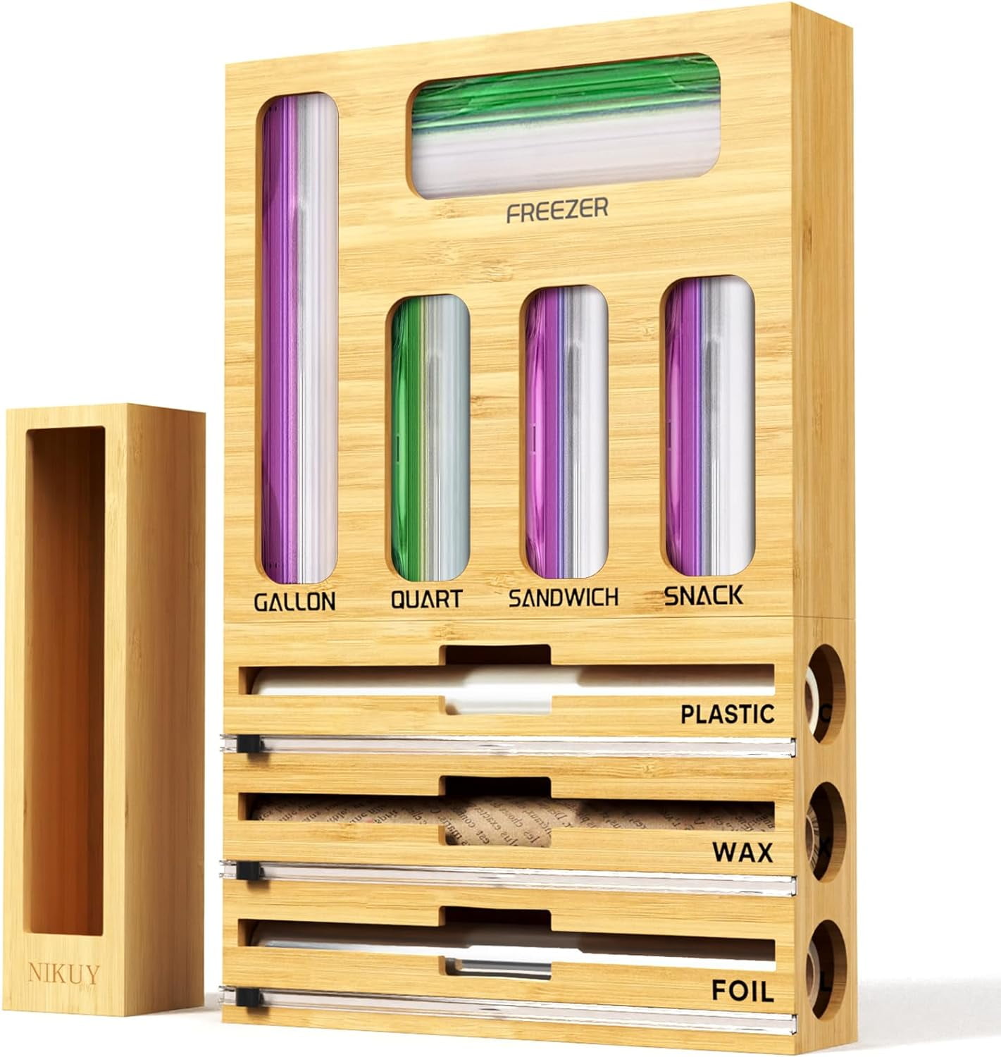 9 IN 1 Bamboo Foil and Plastic Wrap Organizer for Kitchen Drawer ...