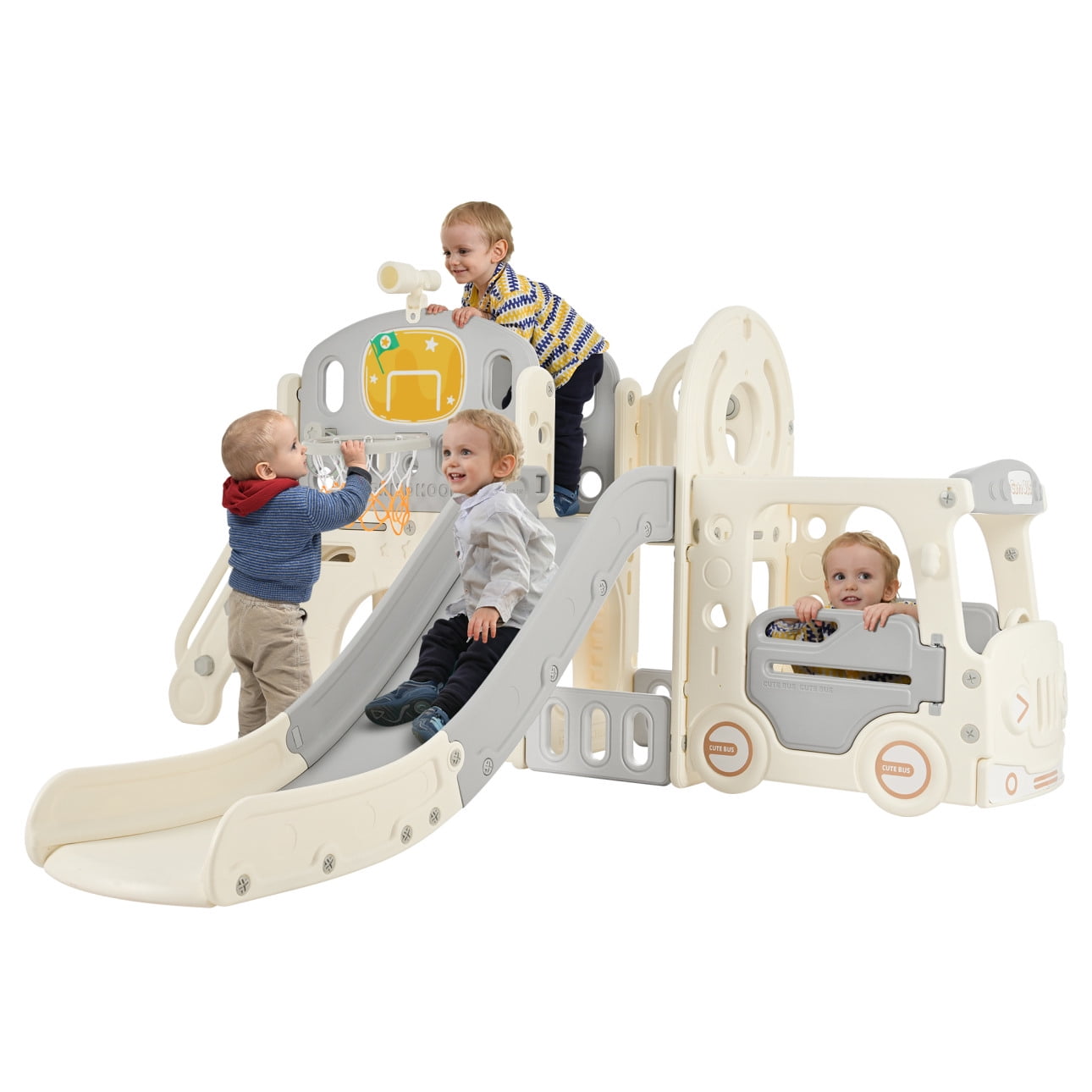 9 in 1 Kids Slide Playset with Realistic Bus Model and Basketball Hoop ...