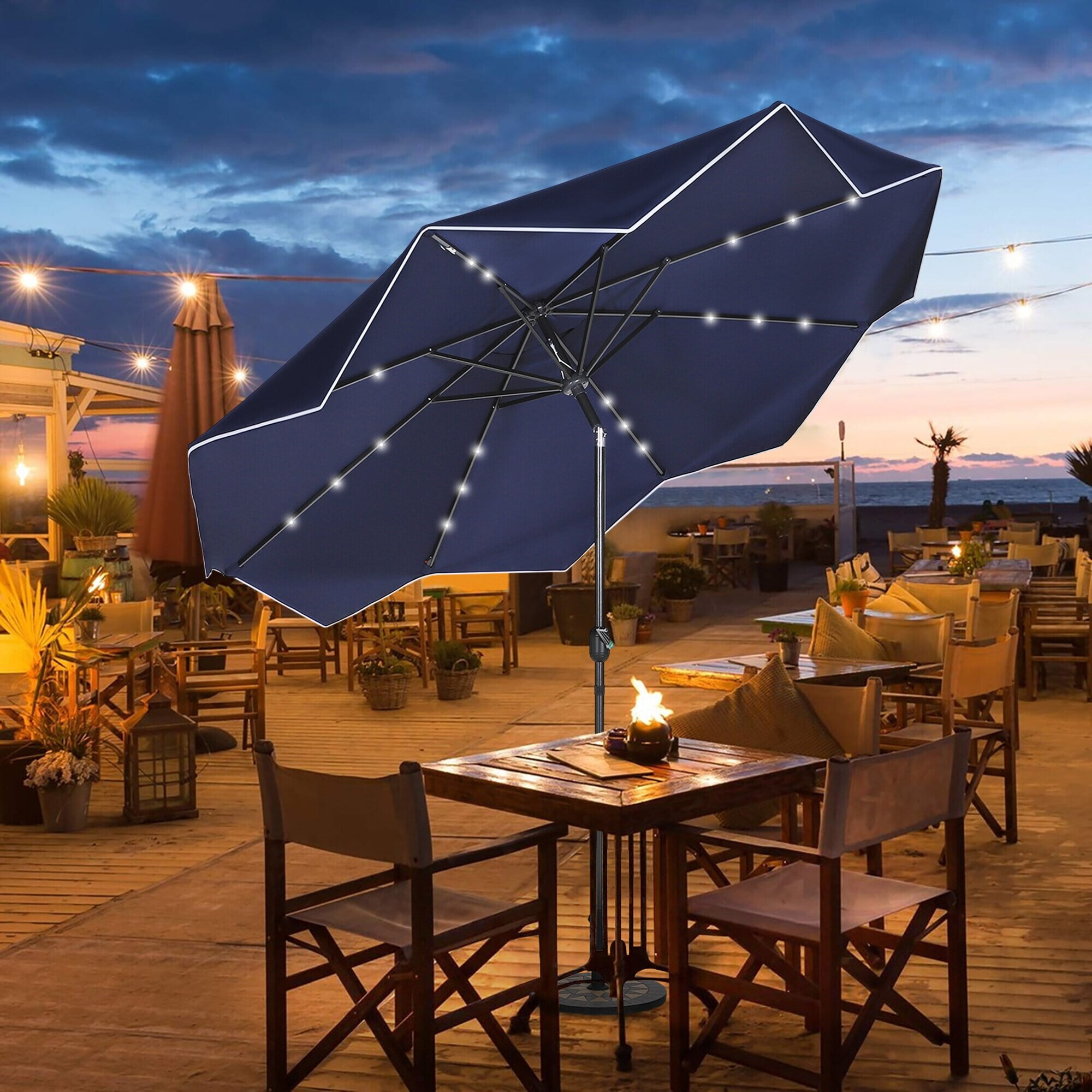 9/10ft Outdoor Ruffle Edge Umbrella LED Lights Patio Decorative ...