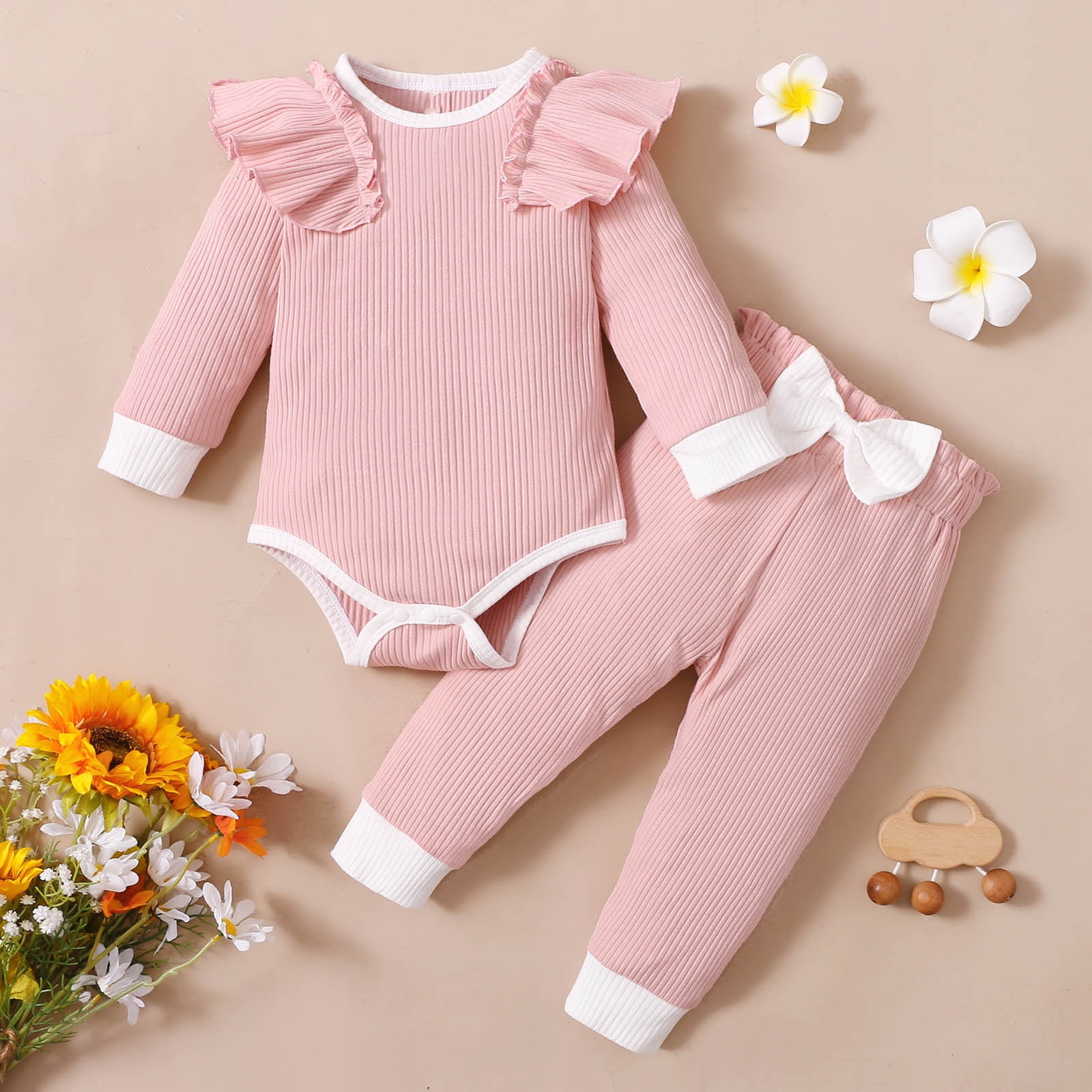 9-12 Months Newborn Baby Girl Clothes Basic Plain Solid Ribbed Knit Ruffle Long Sleeve Romper ...
