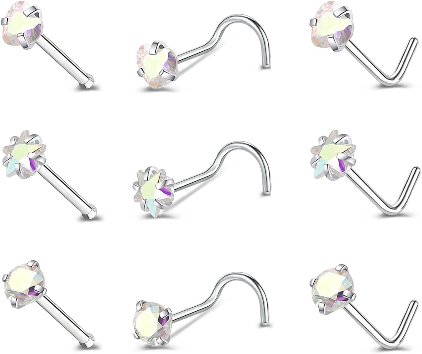 9-12PCS 20g Surgical Stainless Steel Nose Stud Ring Piercing Nose Bone ...