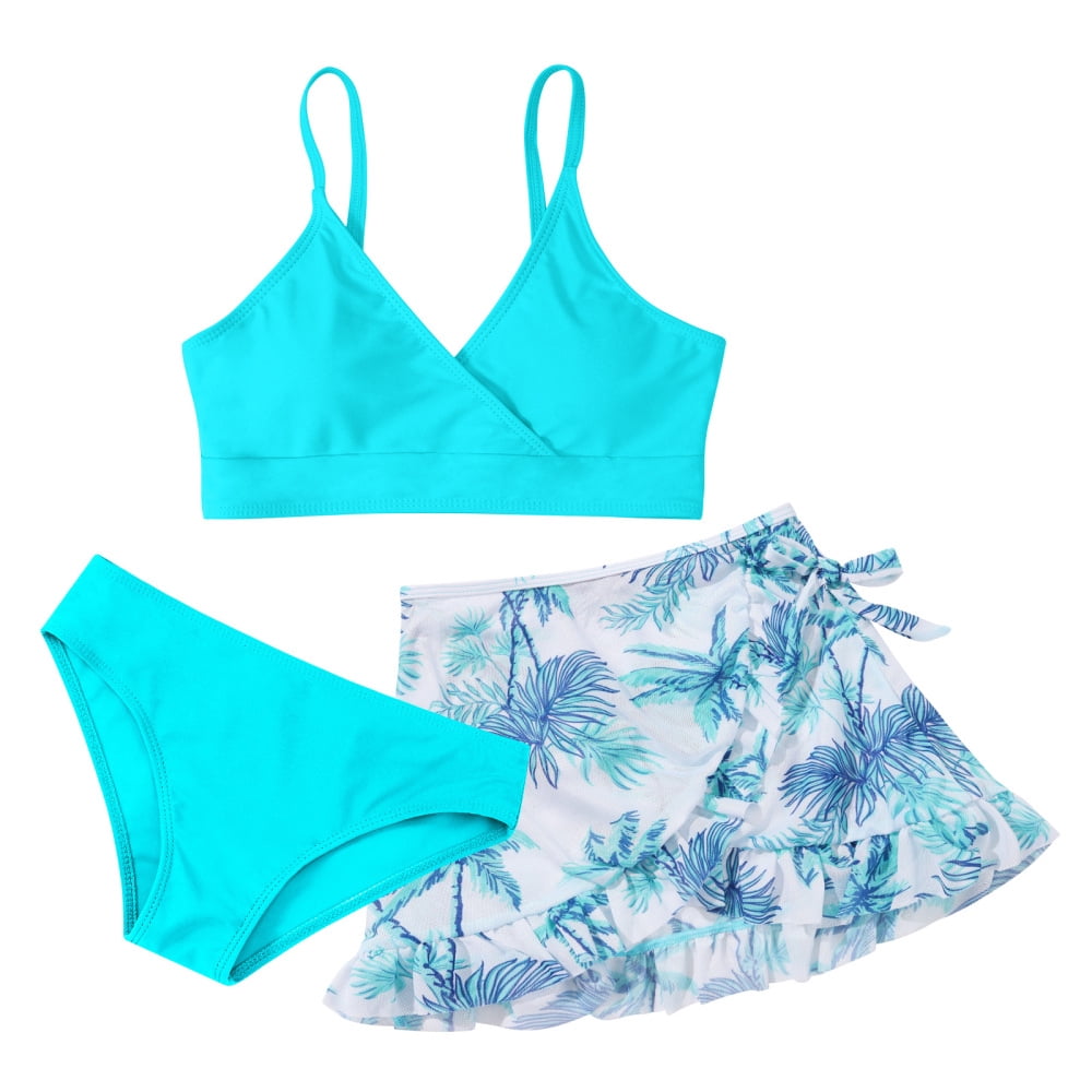 9-16Y Teens Girl 3Pcs Adjustable Strap Swimsuit Tropical Printed ...