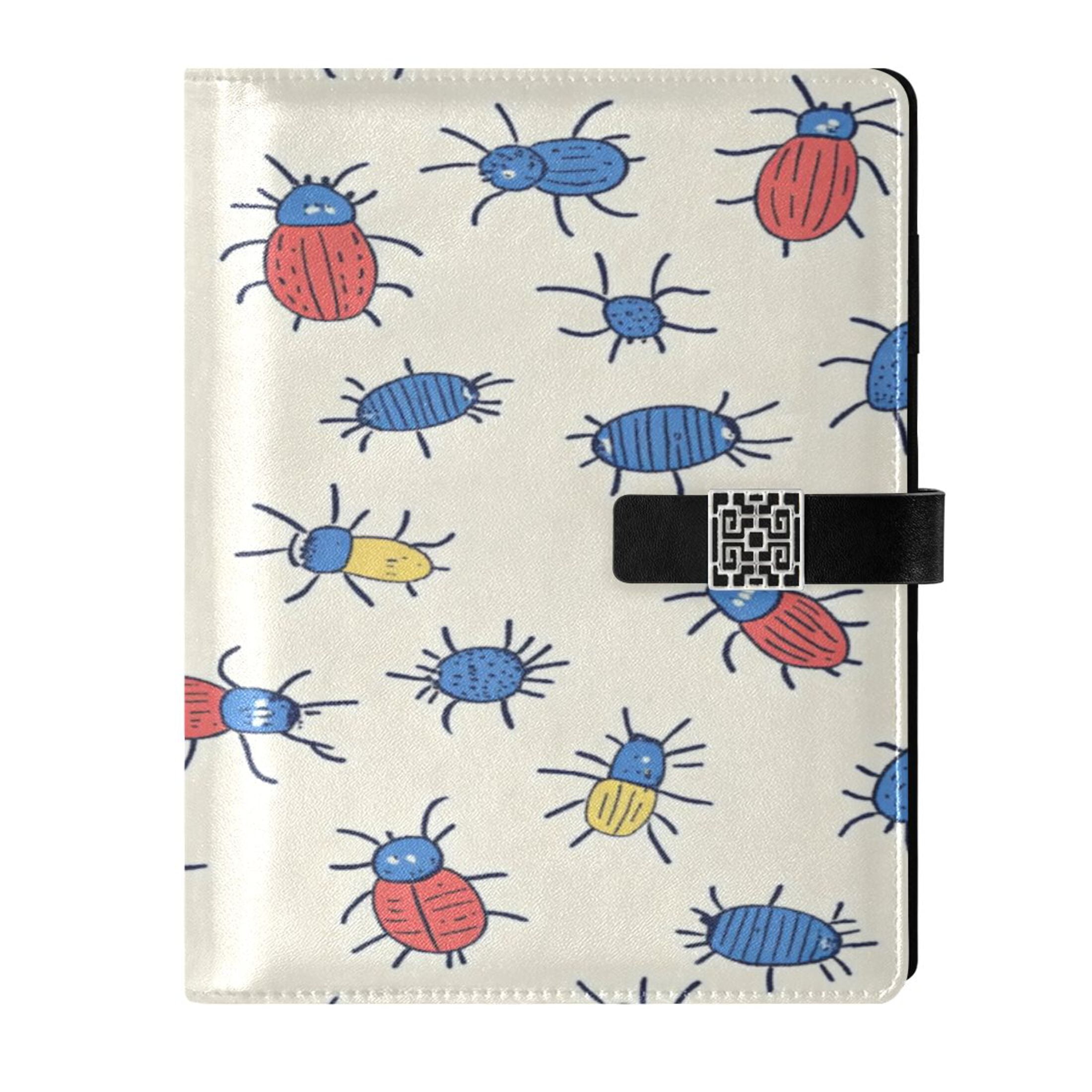 9.2x6.7 inch Leather Notebook 100 Sheets, Multi-Pocket Design & Pen Loop Cartoon Bugs Refillable ...