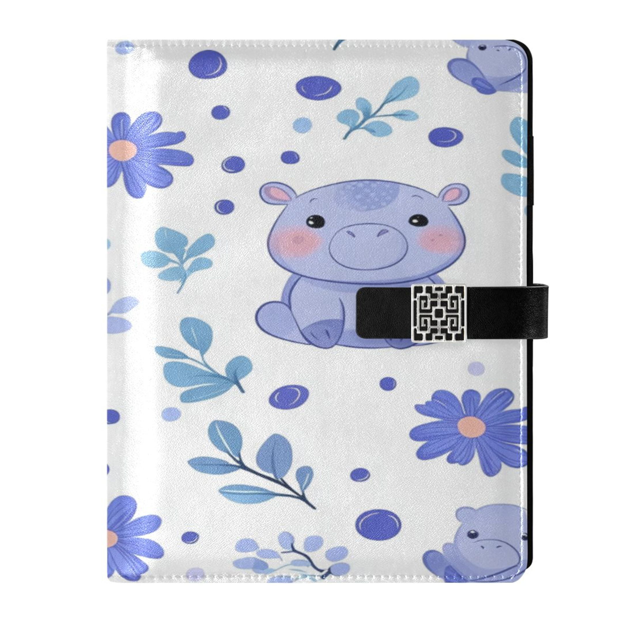 9.2x6.7 inch Leather Notebook 100 Sheets, Multi-Pocket Design & Pen Loop Cute Baby Hippopotamus ...