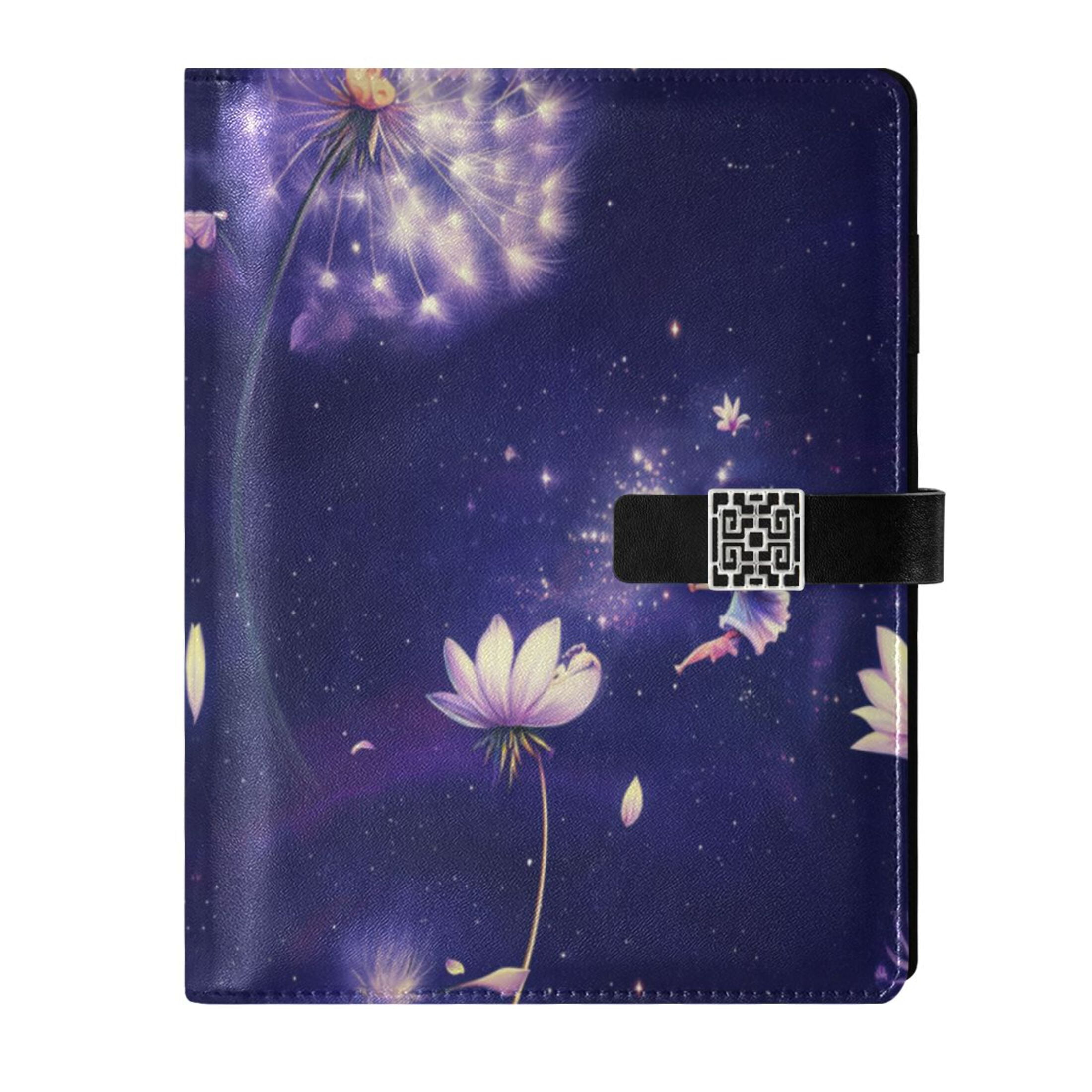 9.2x6.7 inch Leather Notebook 100 Sheets, Multi-Pocket Design & Pen Loop Dandelions on A Purple ...
