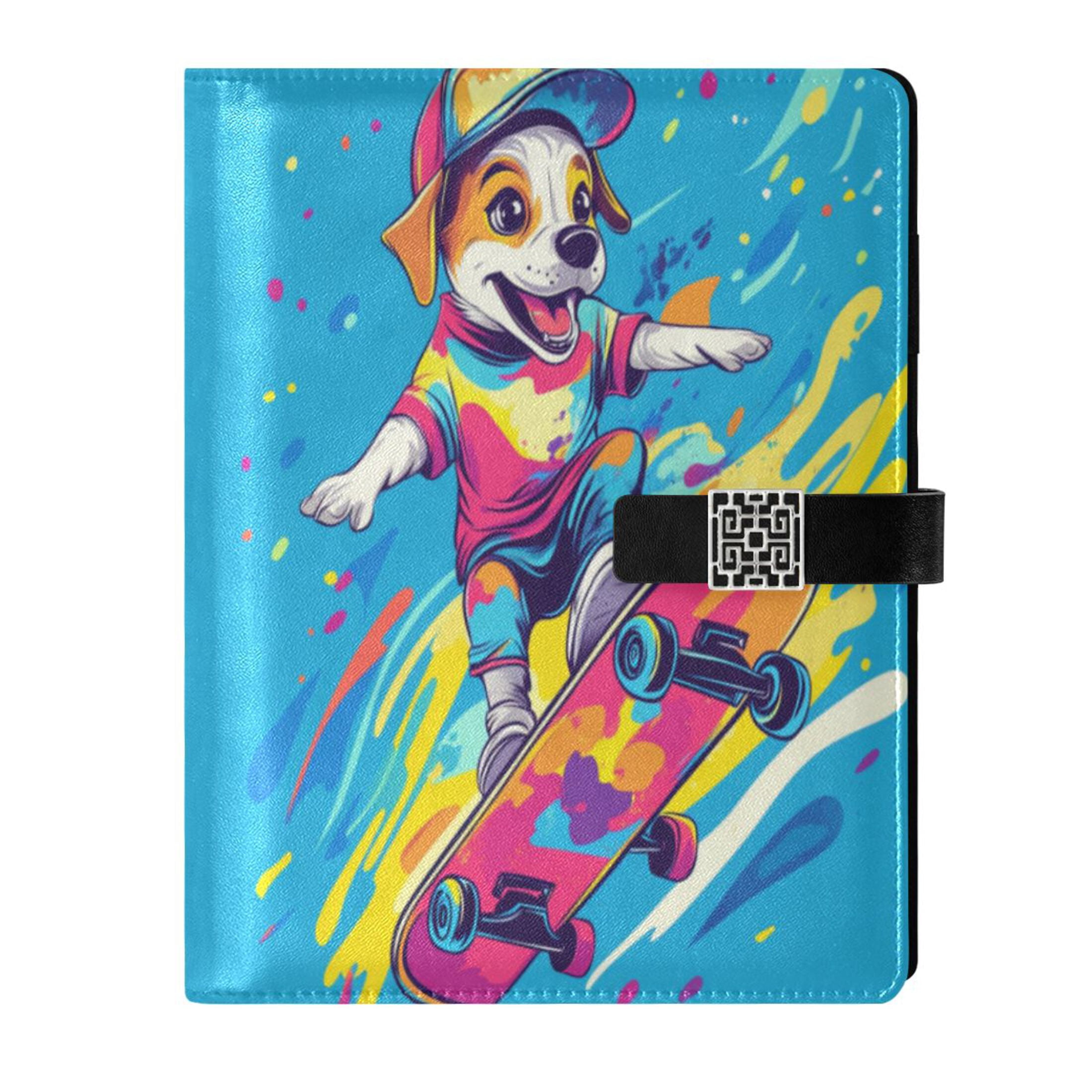 9.2x6.7 inch Leather Notebook 100 Sheets, Multi-Pocket Design & Pen Loop Dog on Skateboard ...