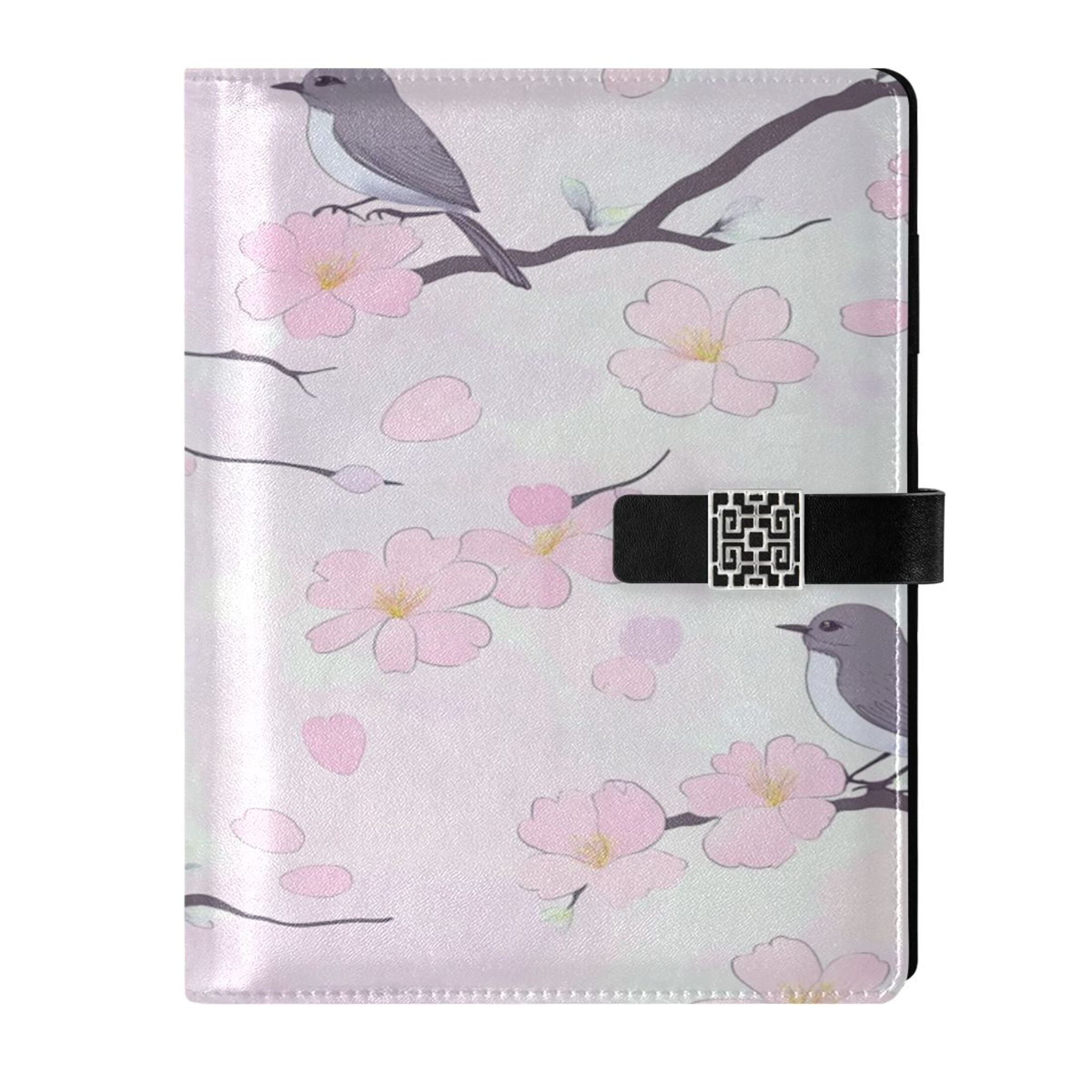 9.2x6.7 inch Leather Notebook 100 Sheets, Multi-Pocket Design & Pen Loop Elegant Pink Flower ...