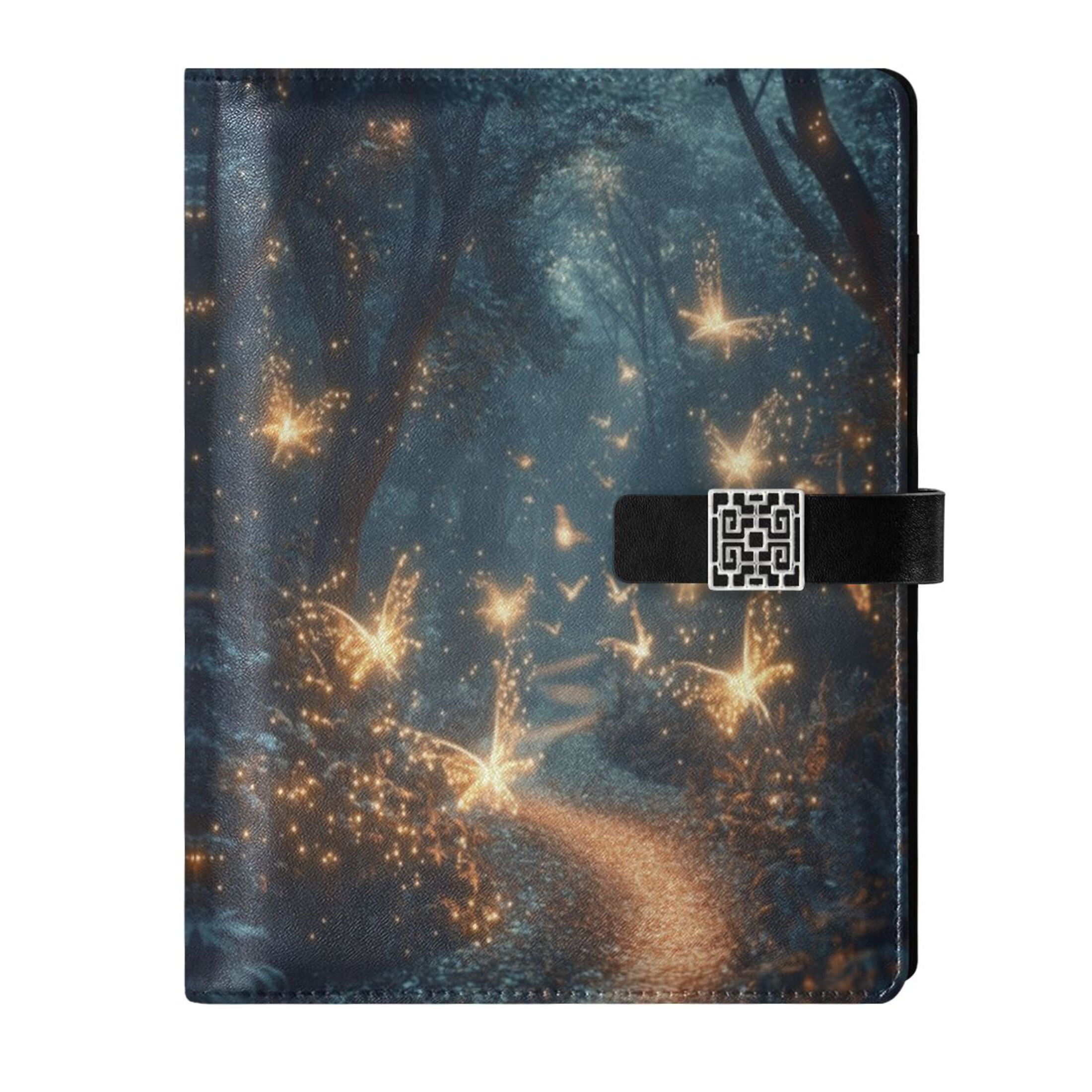 9.2x6.7 inch Leather Notebook 100 Sheets, Multi-Pocket Design & Pen Loop Fantasy Forest at Night ...